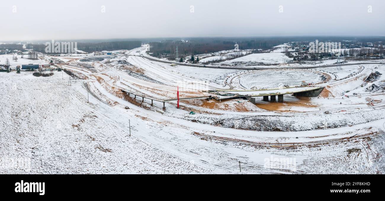 Aerial view of Road construction of Kekava Bypass, a new section of A7 ...