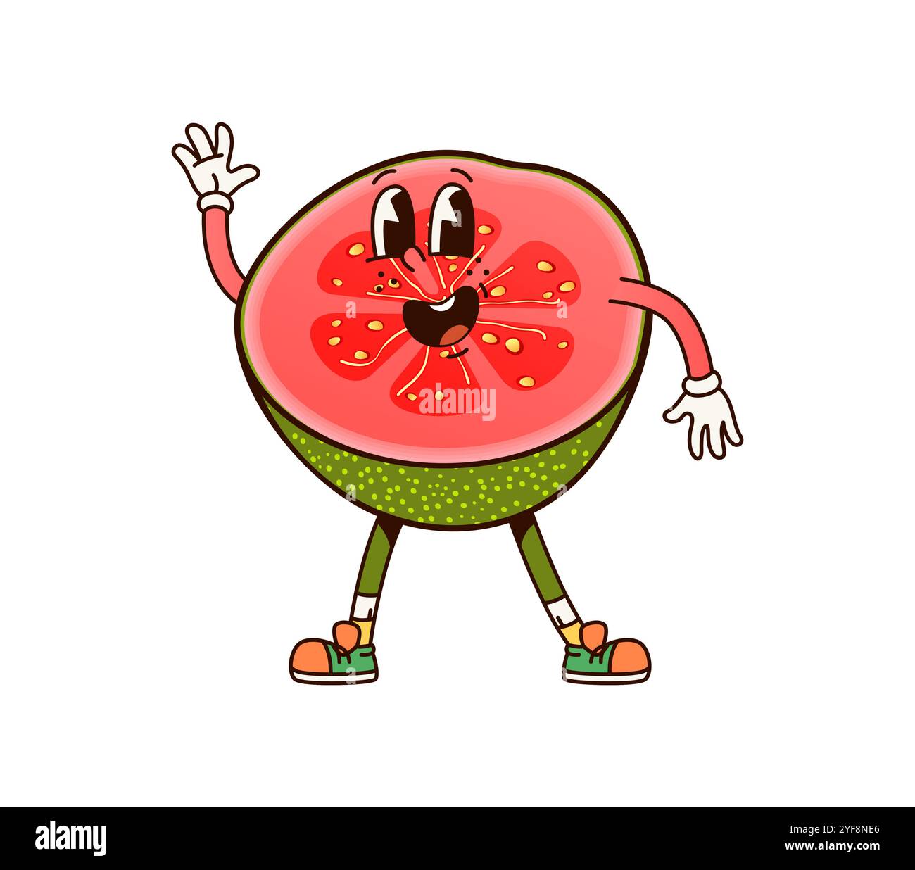 Cartoon groovy half guava fruit character with bright smile and playful ...