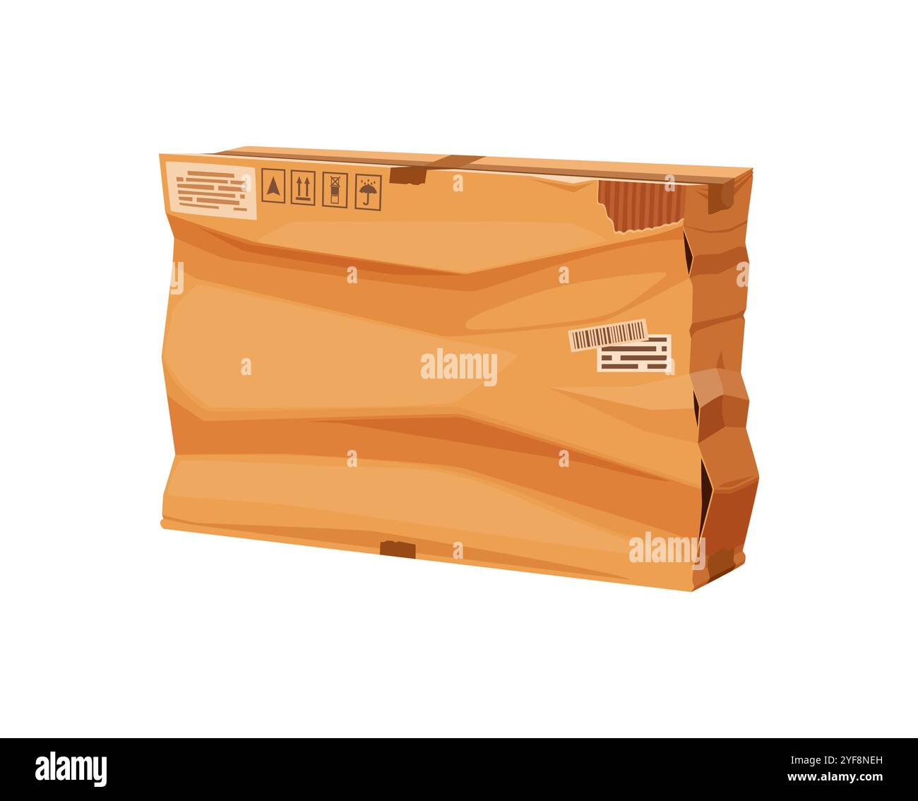 Cartoon damaged box, crushed post parcel. Ripped wet shipping package ... Cartoon damaged box, crushed post parcel. Ripped wet shipping package ...