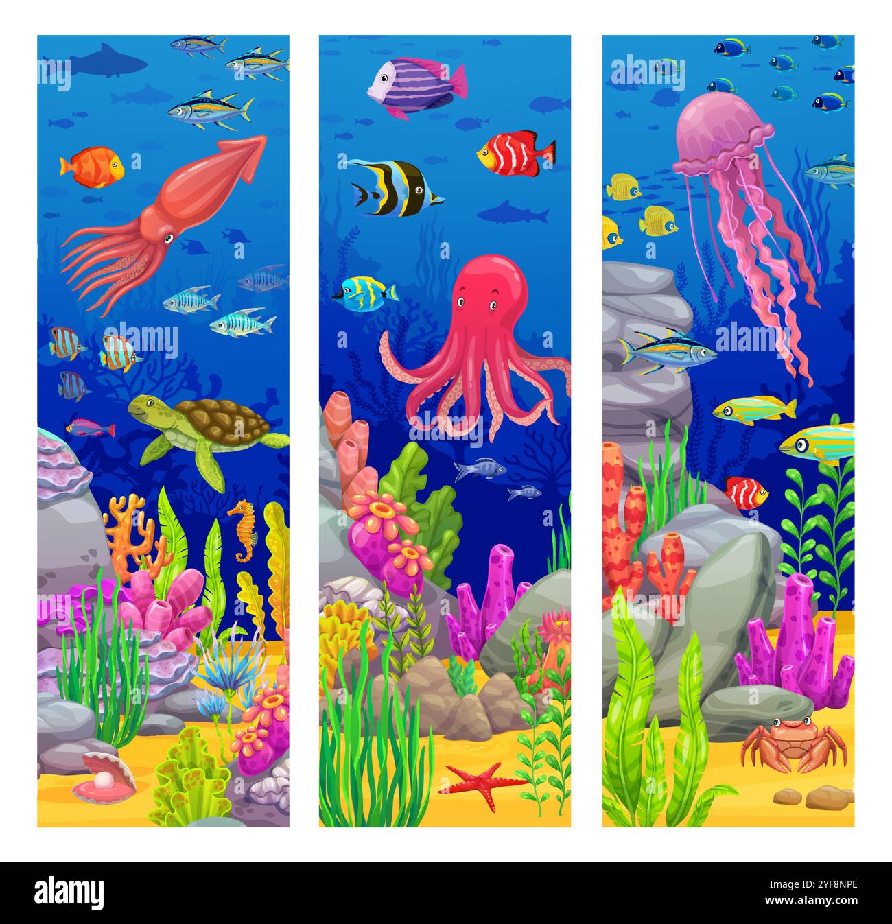 Underwater landscape game banners with sea animals like fish, octopus ...