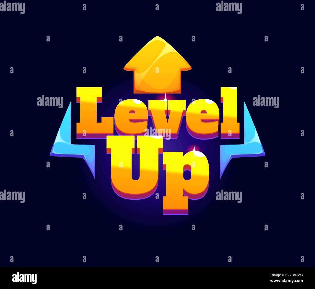 Level up game reward, rate icon featuring a bold yellow text with a glowing arrow pointing ...