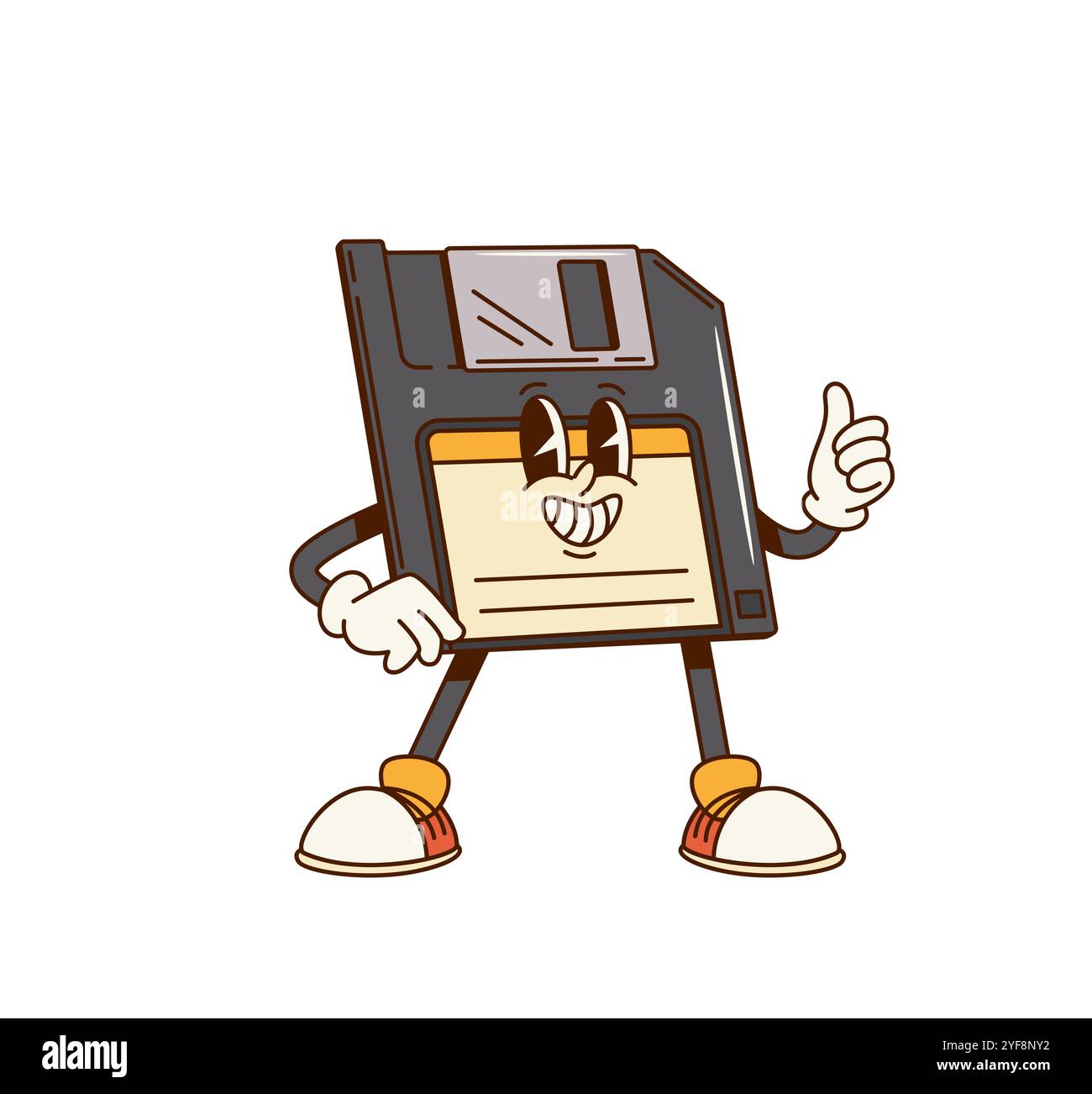 Groovy computer floppy disk diskette character from retro PC, vector cartoon comic. Groovy funky ...
