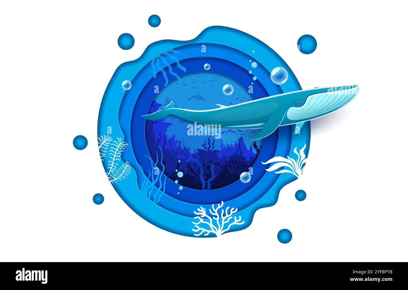 Paper cut underwater landscape with blue whale. 3d vector round layered ...