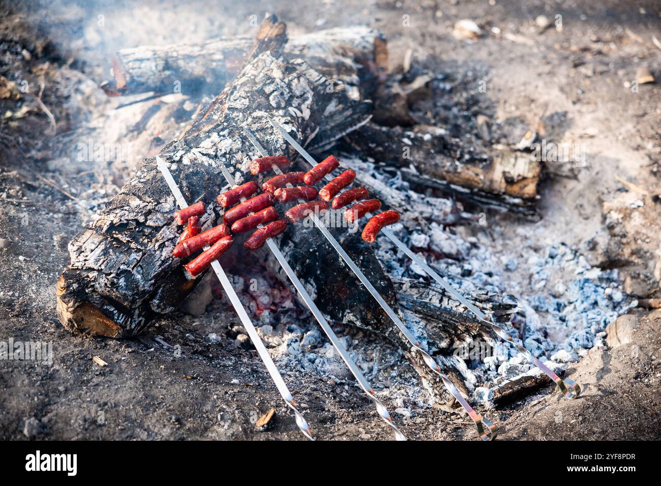 Grilled sausages on a spit in campfire Stock Photo - Alamy