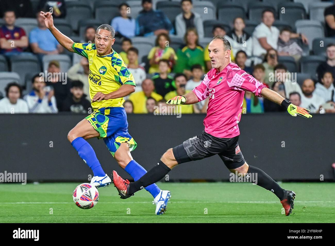 Jean Narde of Ronaldinho's XI attempts to score a goal past the ...