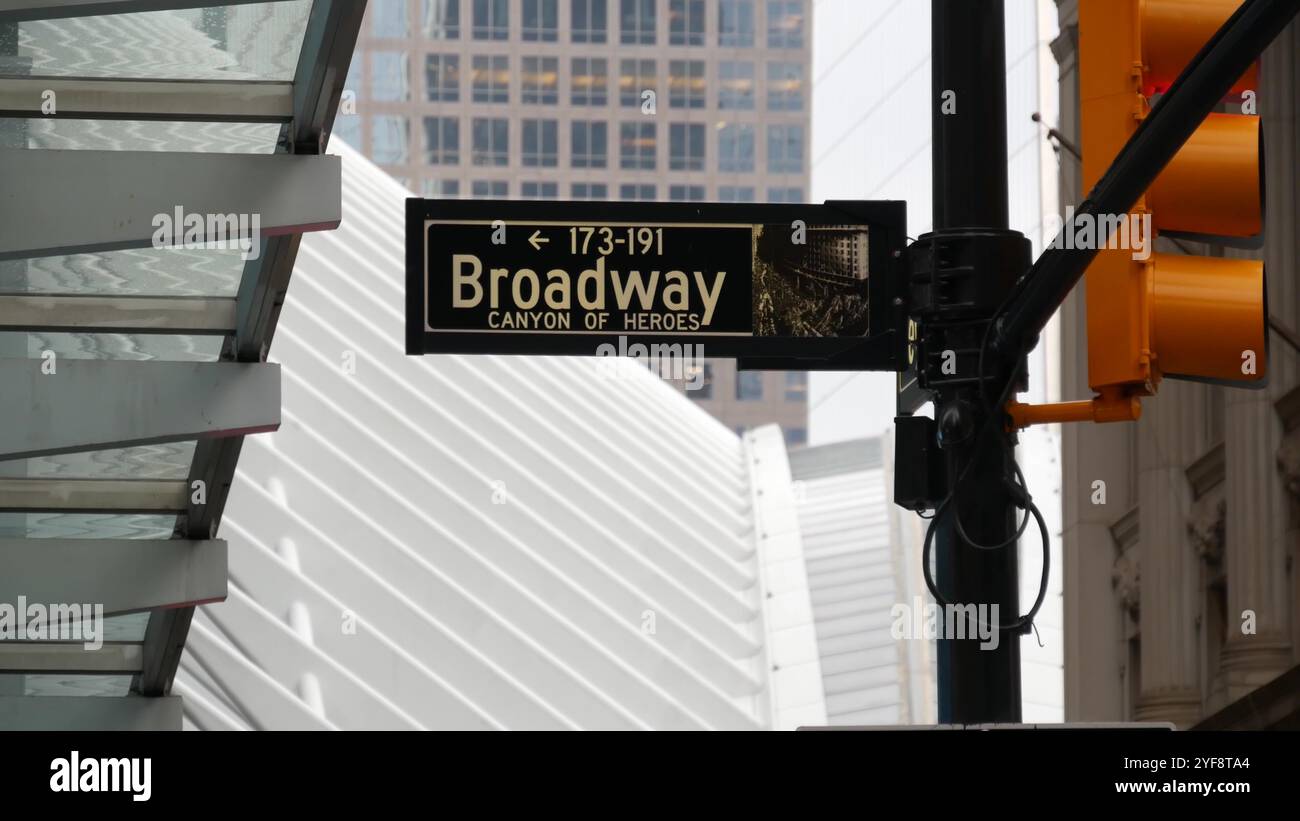 Broadway street road sign, Manhattan downtown financial district ...