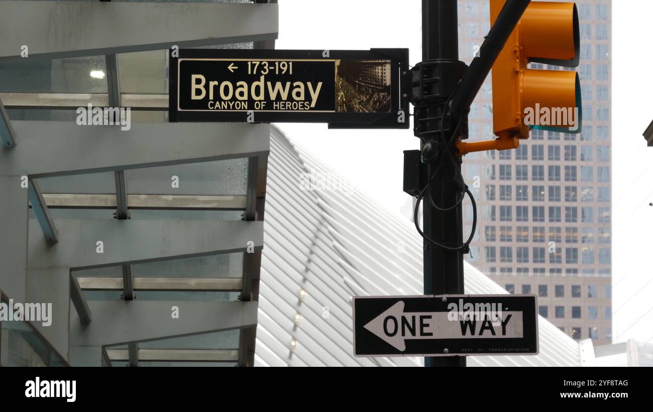 Broadway street road sign, Manhattan downtown financial district ...