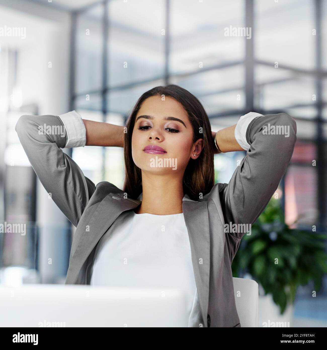 Business woman, done and finished with relax, stretching and peace as ...