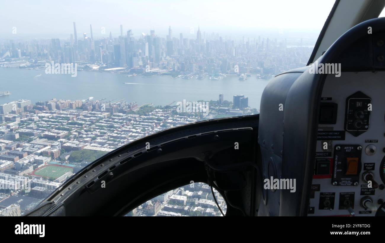 New York City helicopter cabin flight, heli cockpit flying over ...