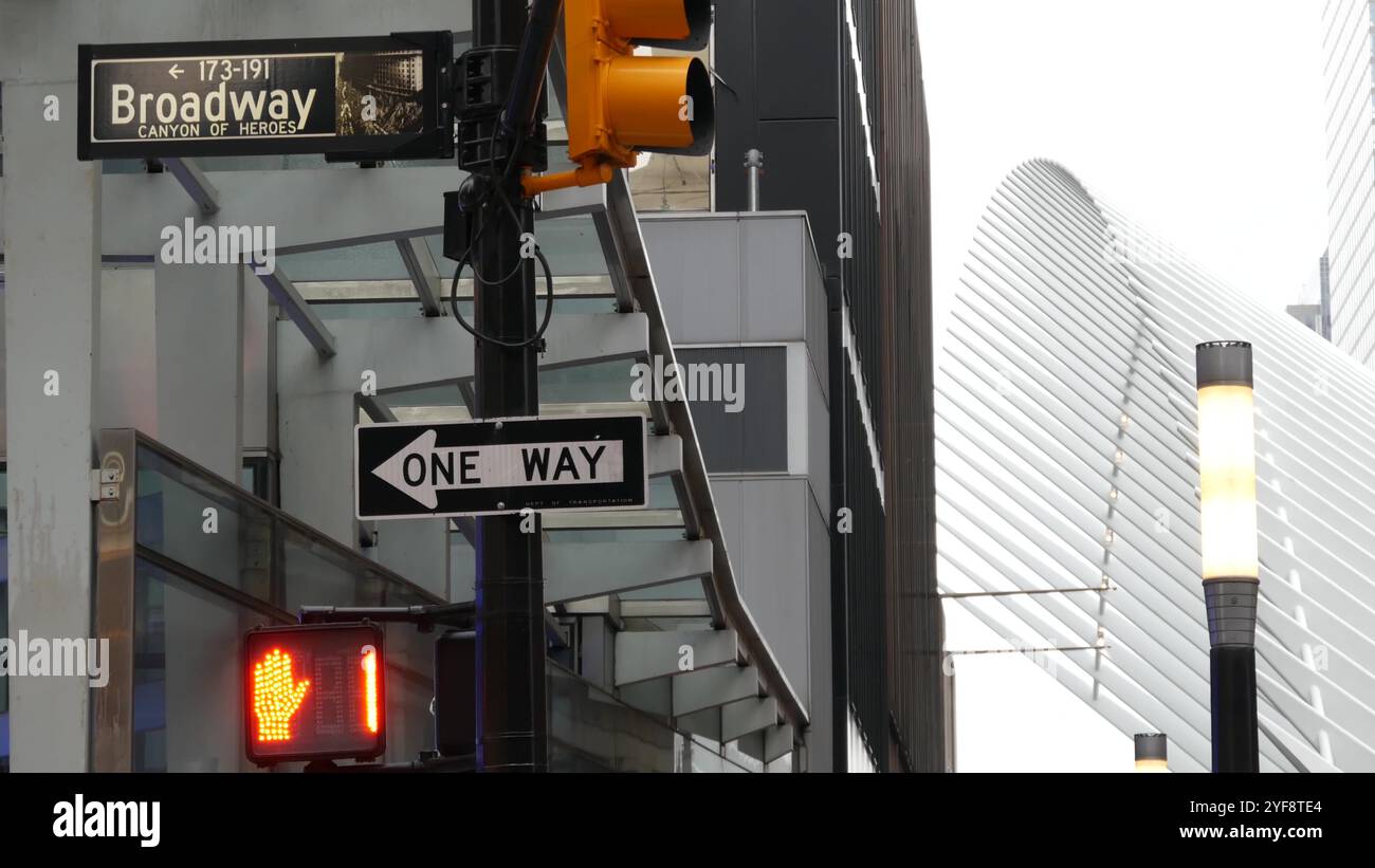 Broadway street road sign, Manhattan downtown financial district ...