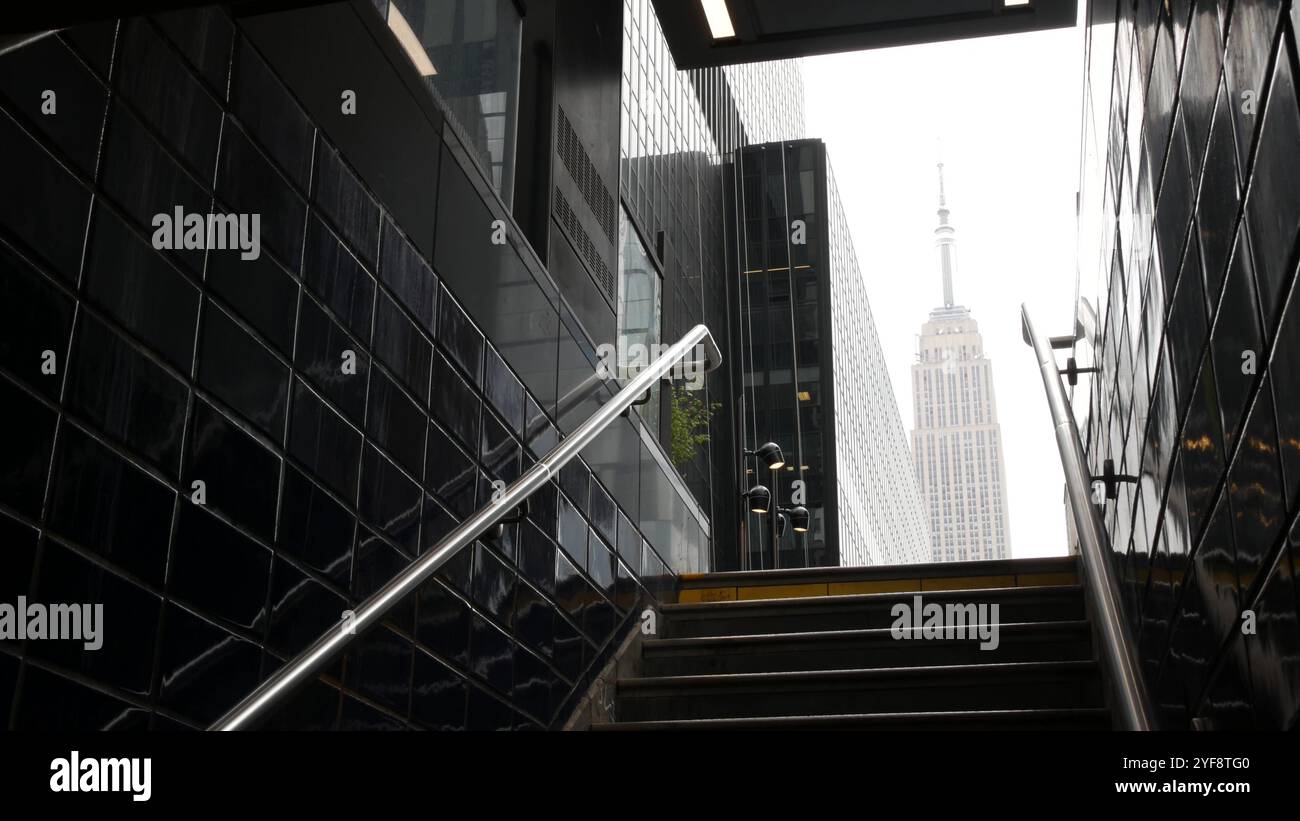 New York City underground subway metro. Empire State building ...