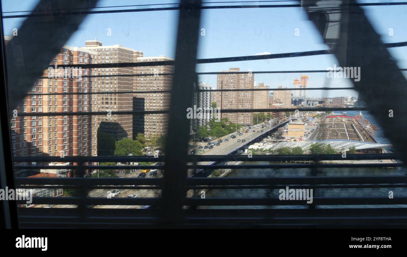 New York City subway train, Manhattan bridge. Shaking camera, dirty ...