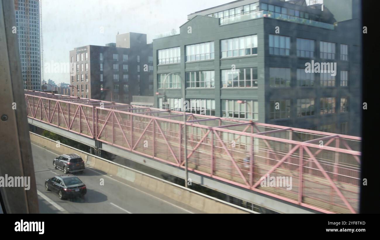New York City subway train, Williamsburg bridge. Shaking camera thru dirty window. Manhattan ...