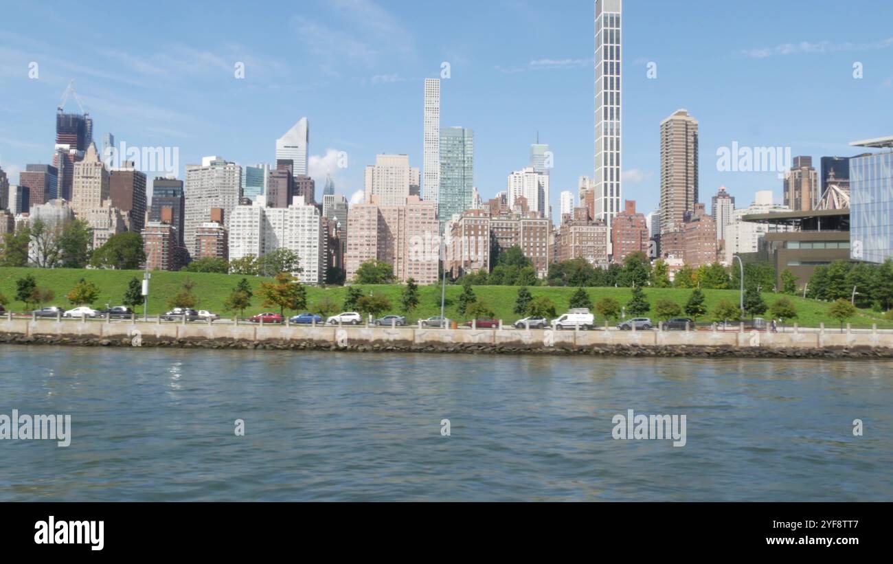 New York City skyline from ferry boat. Manhattan midtown near ...