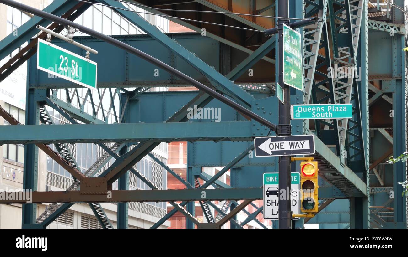 New York elevated subway, metropolitan bridge, metro track above street ...