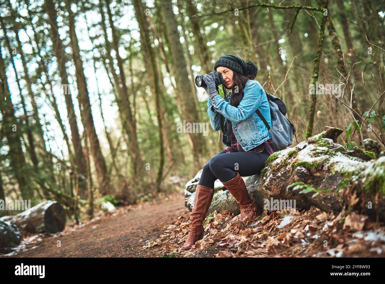 Woman, nature photographer and camera in forest with research project ...