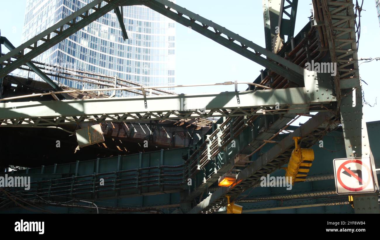 New York elevated subway, metropolitan bridge, metro track above street ...