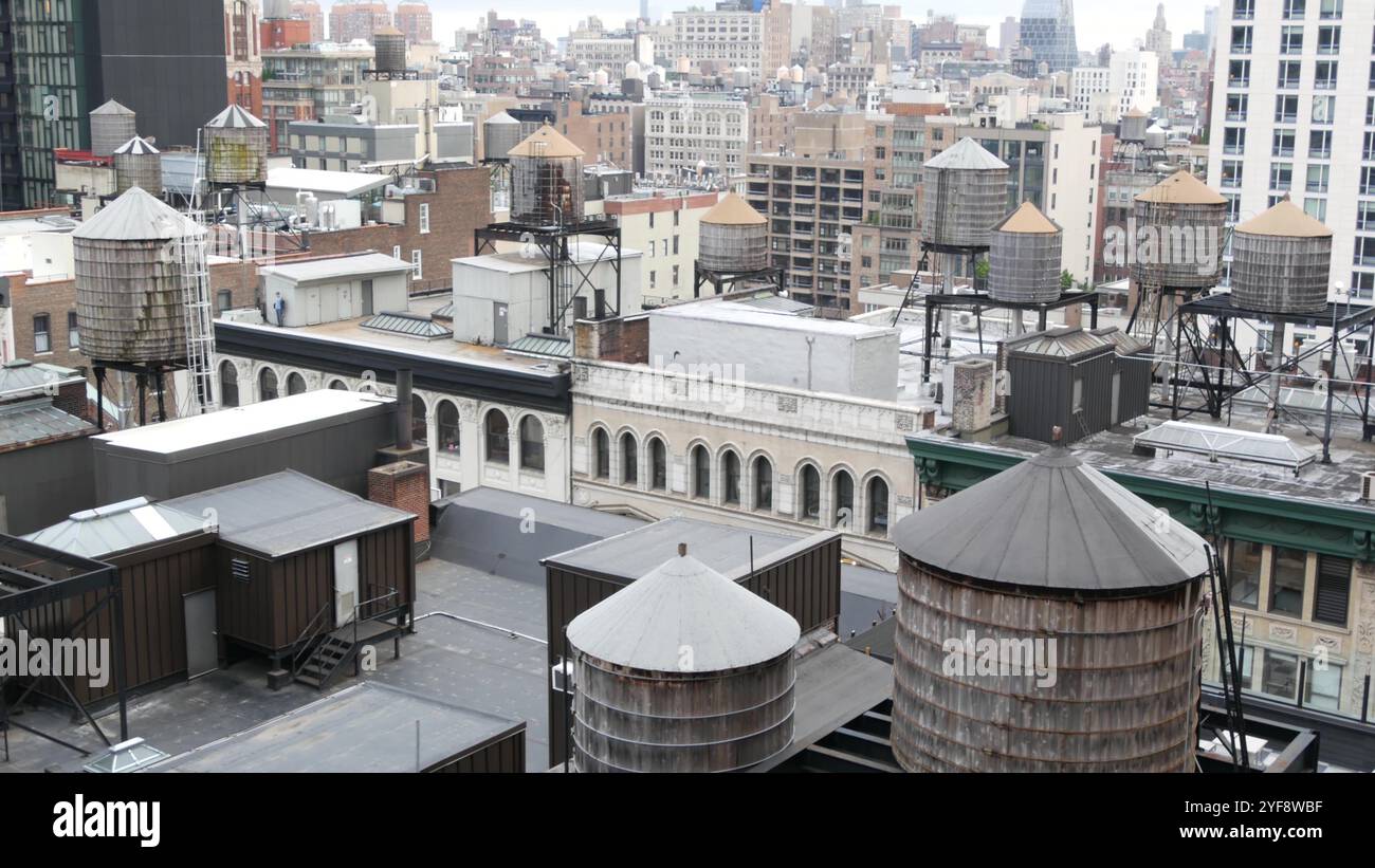 New York City Manhattan cityscape. Rooftop water towers from view point ...