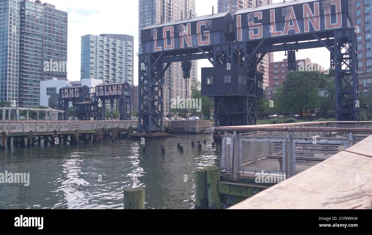 New York City Gantry Plaza dock pier, Long Island sign, Hunters Point ...