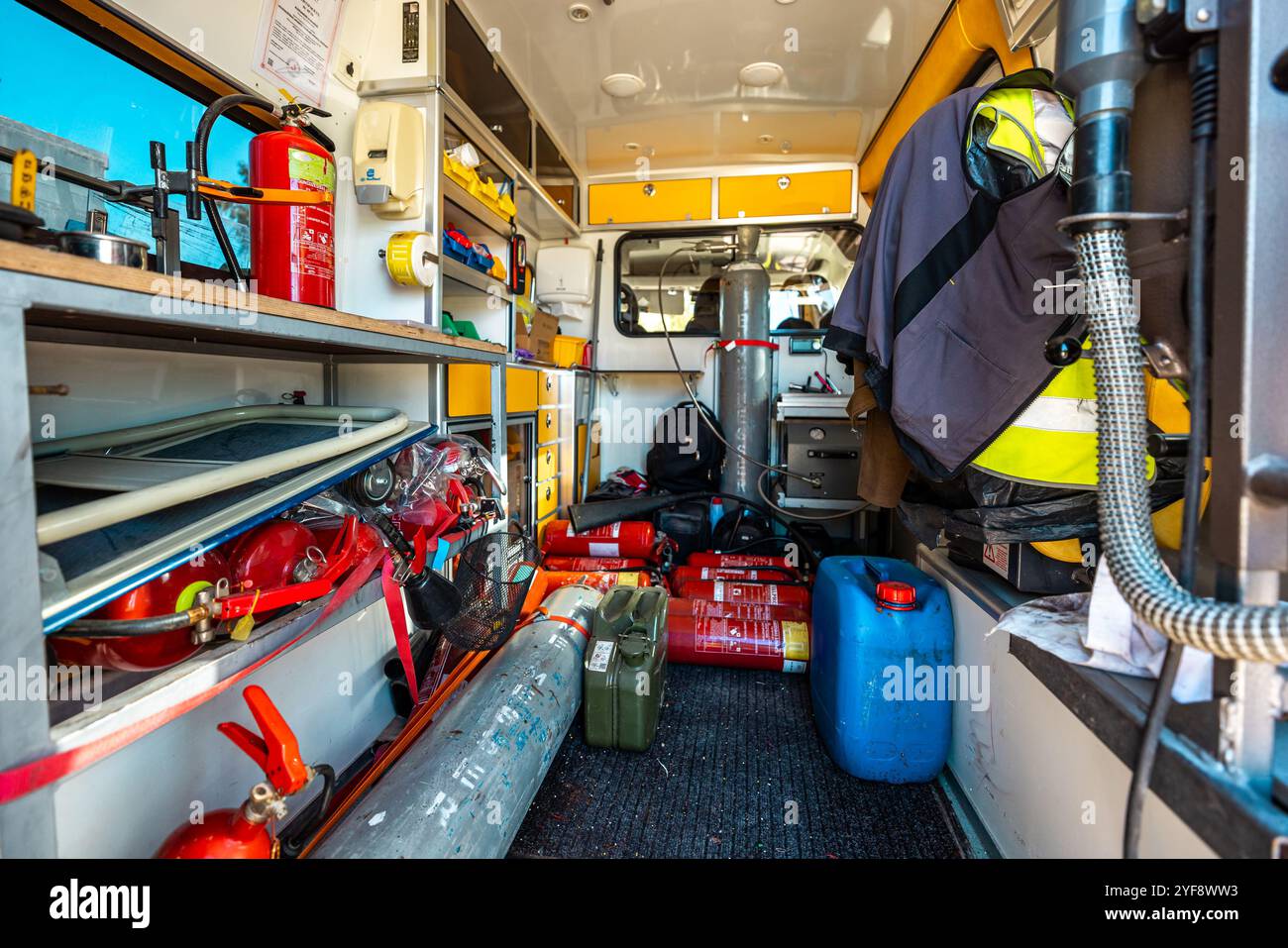 Interior of car with fire extinguishers Stock Photo - Alamy