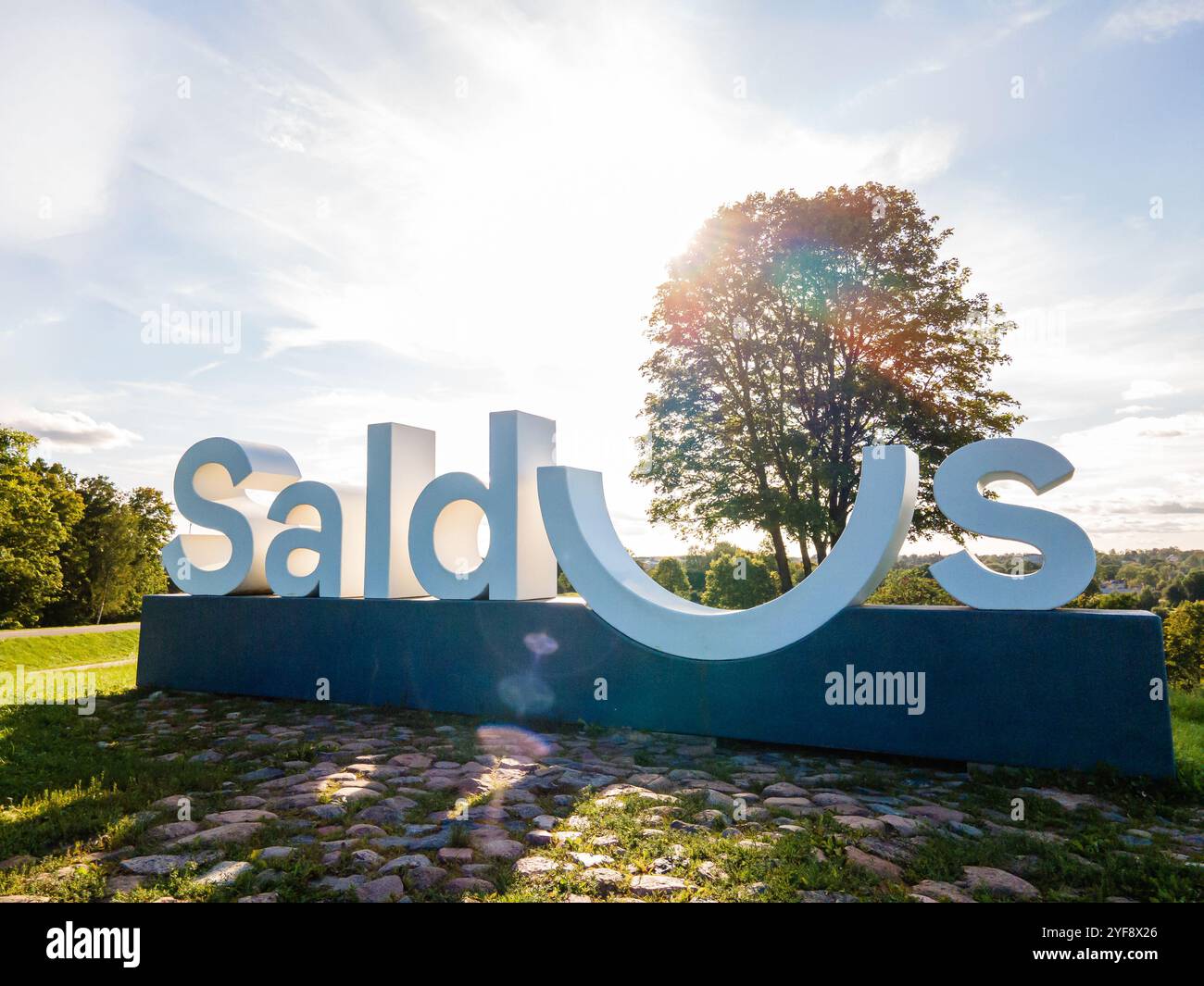 The Sign Saldus in city Saldus, Latvia. Billu Hill, the scenic ...