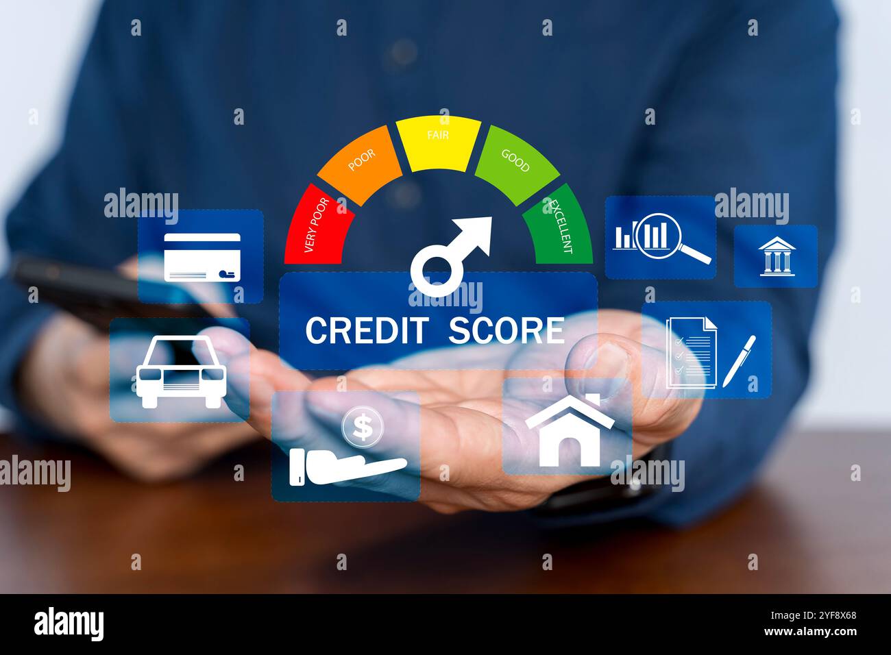 Credit score concept, Person use smartphone with virtual credit score ...