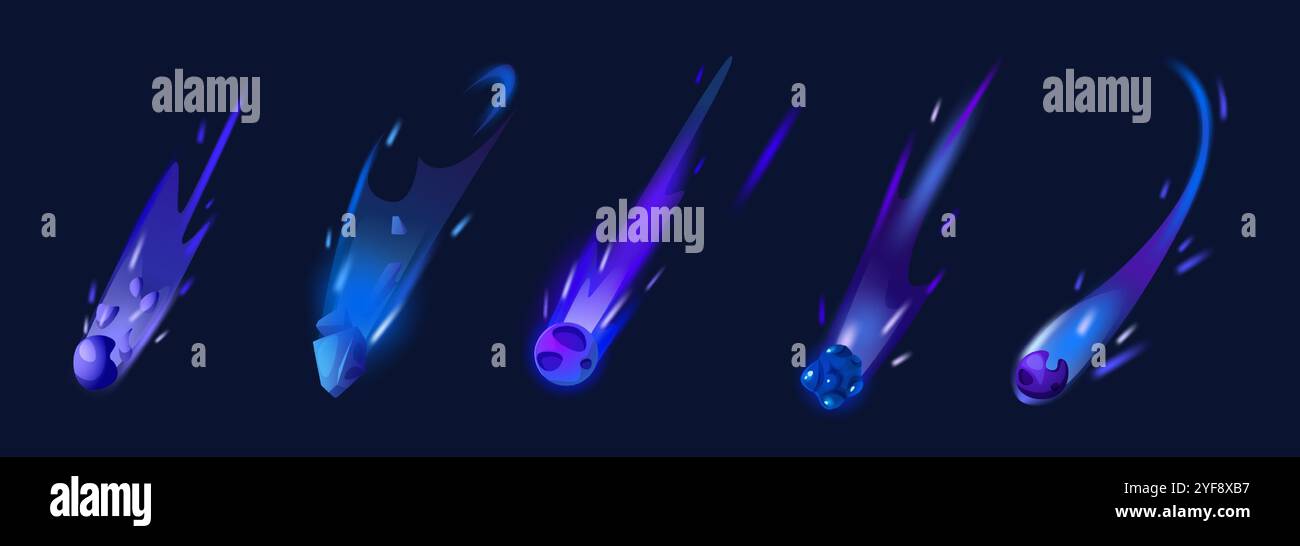 Blue asteroid with fire. Space meteor trail in sky vector. Meteorite ...