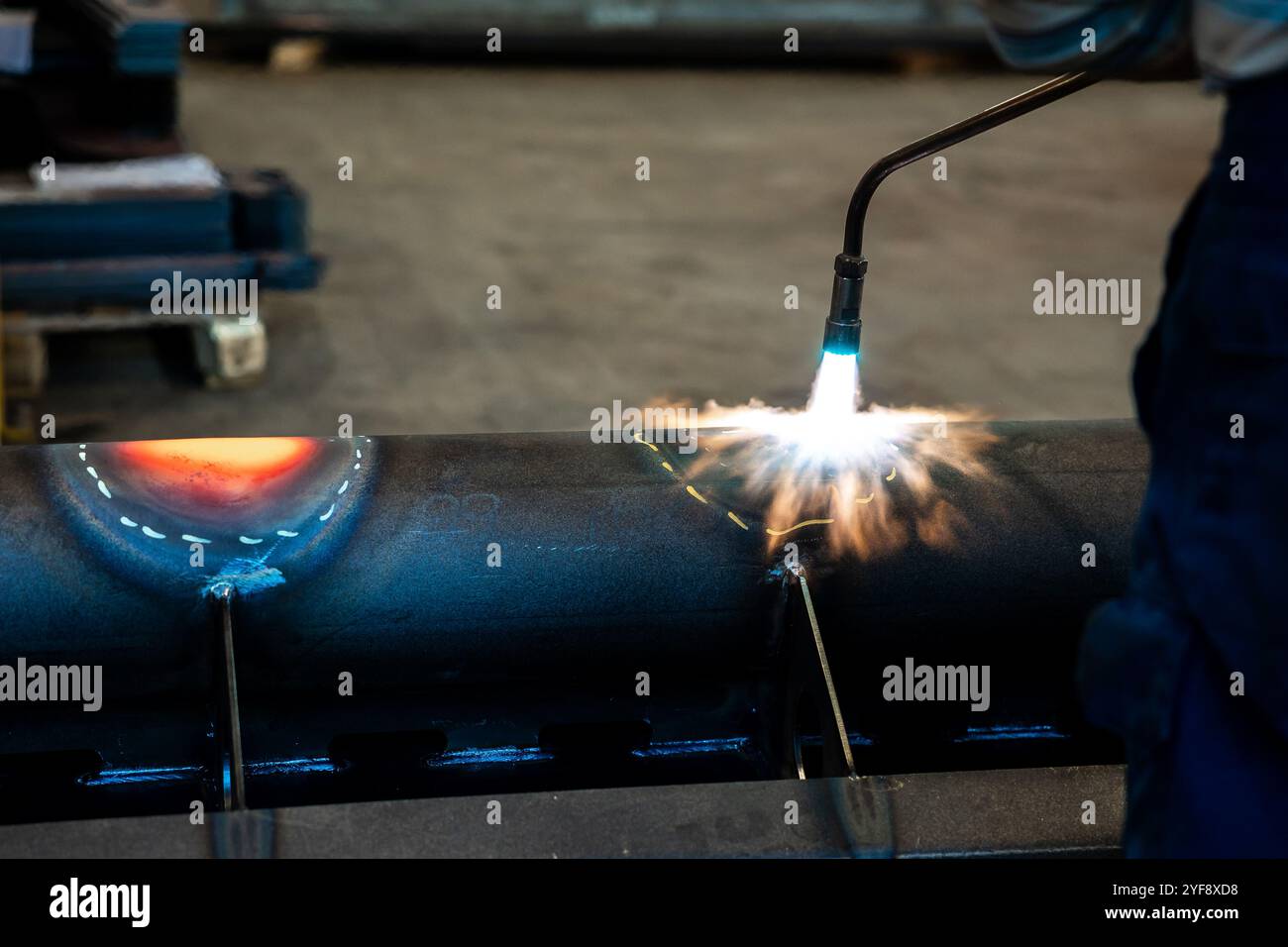 Heating up of metal construction with acetylene and oxygen burner in ...