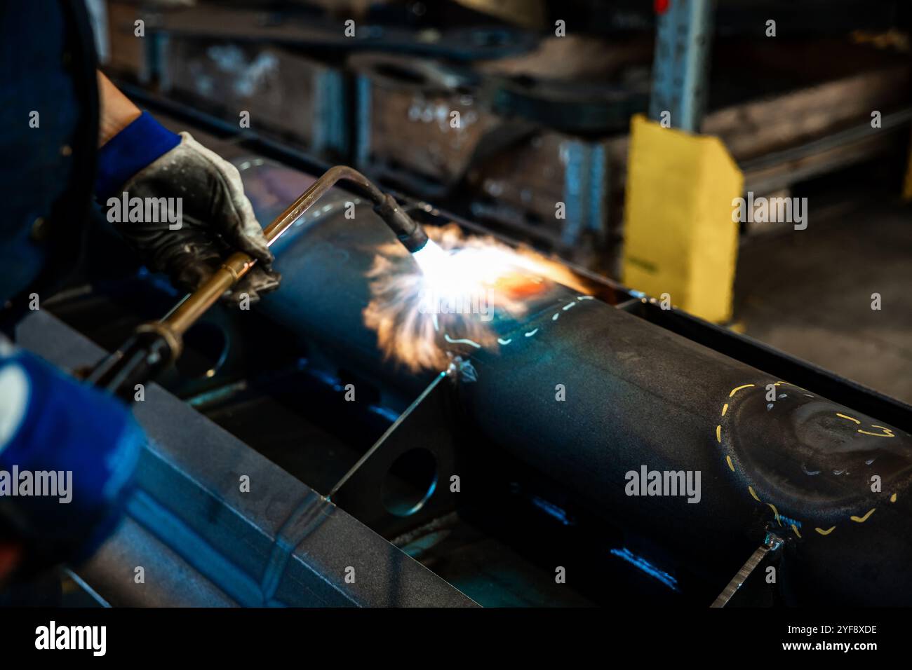 Heating up of metal construction with acetylene and oxygen burner in ...