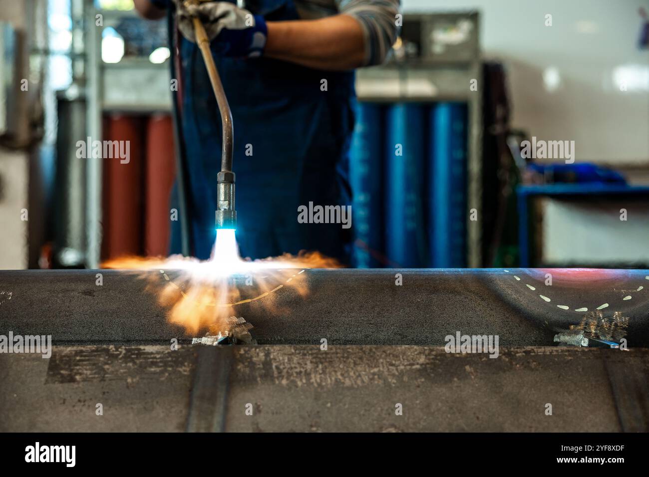 Heating up of metal construction with acetylene and oxygen burner in ...