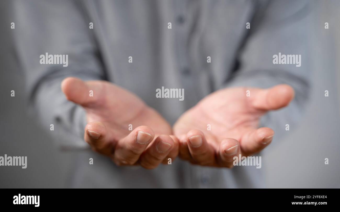 Hands, charity and palms of person for support, giving and hope for ...