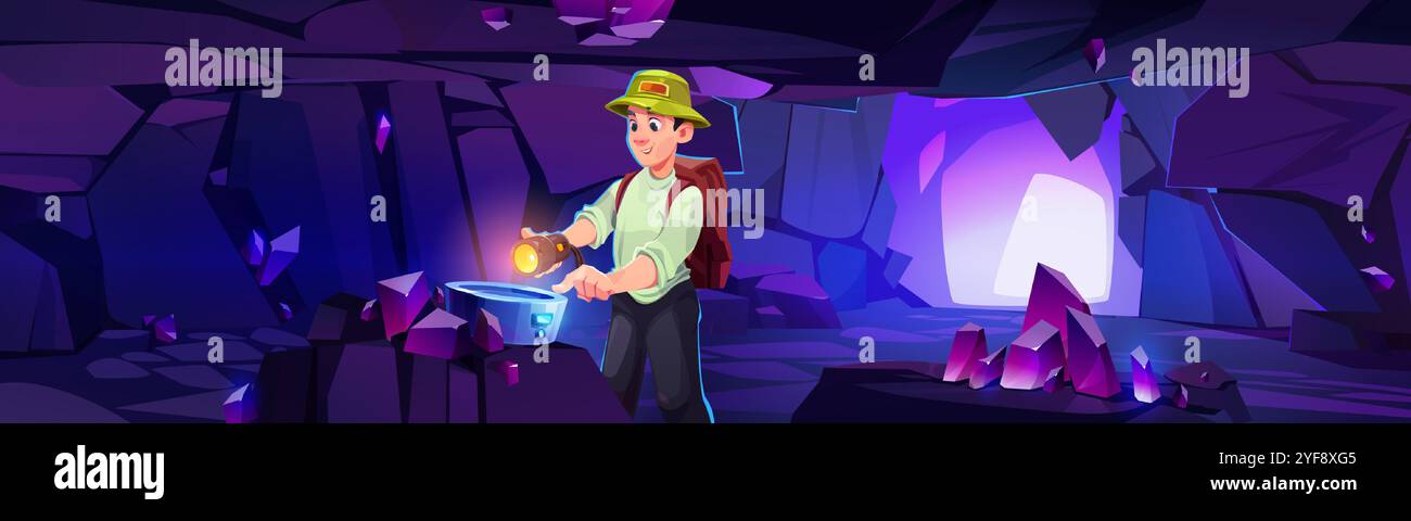 Man in underground mine cave cartoon background. Crystal treasure ...