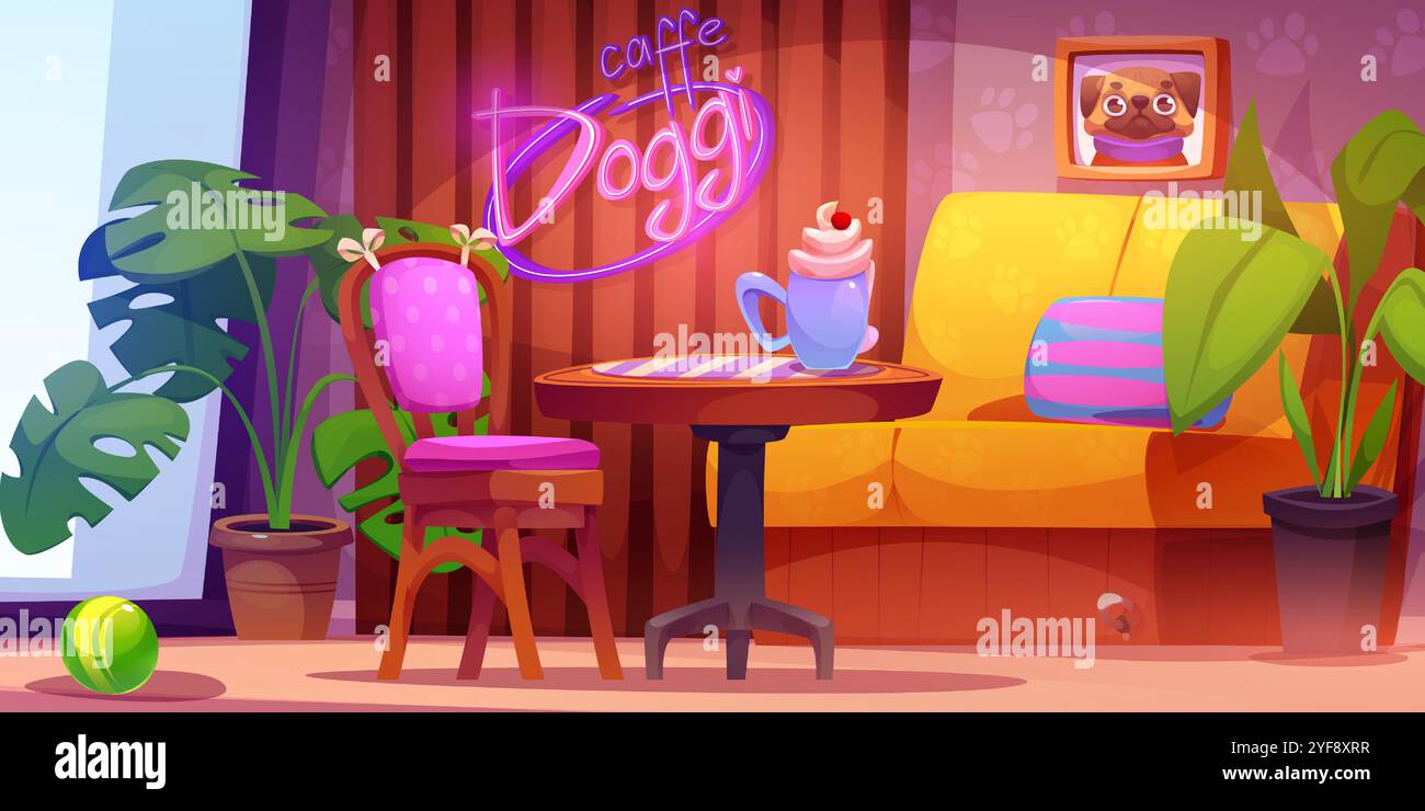 Dog friendly cafe interior. Vector cartoon illustration of cappuccino ...