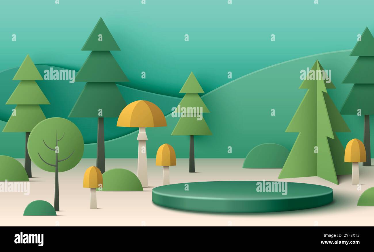 Green podium on papercut forest background. Vector realistic ...