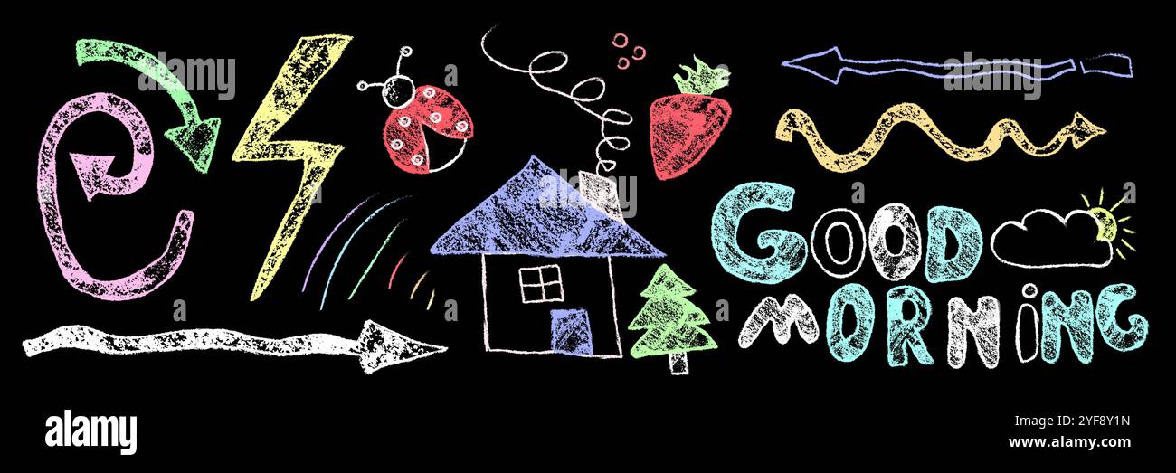 Colorful crayon style chalk children doodles drawings with various ...