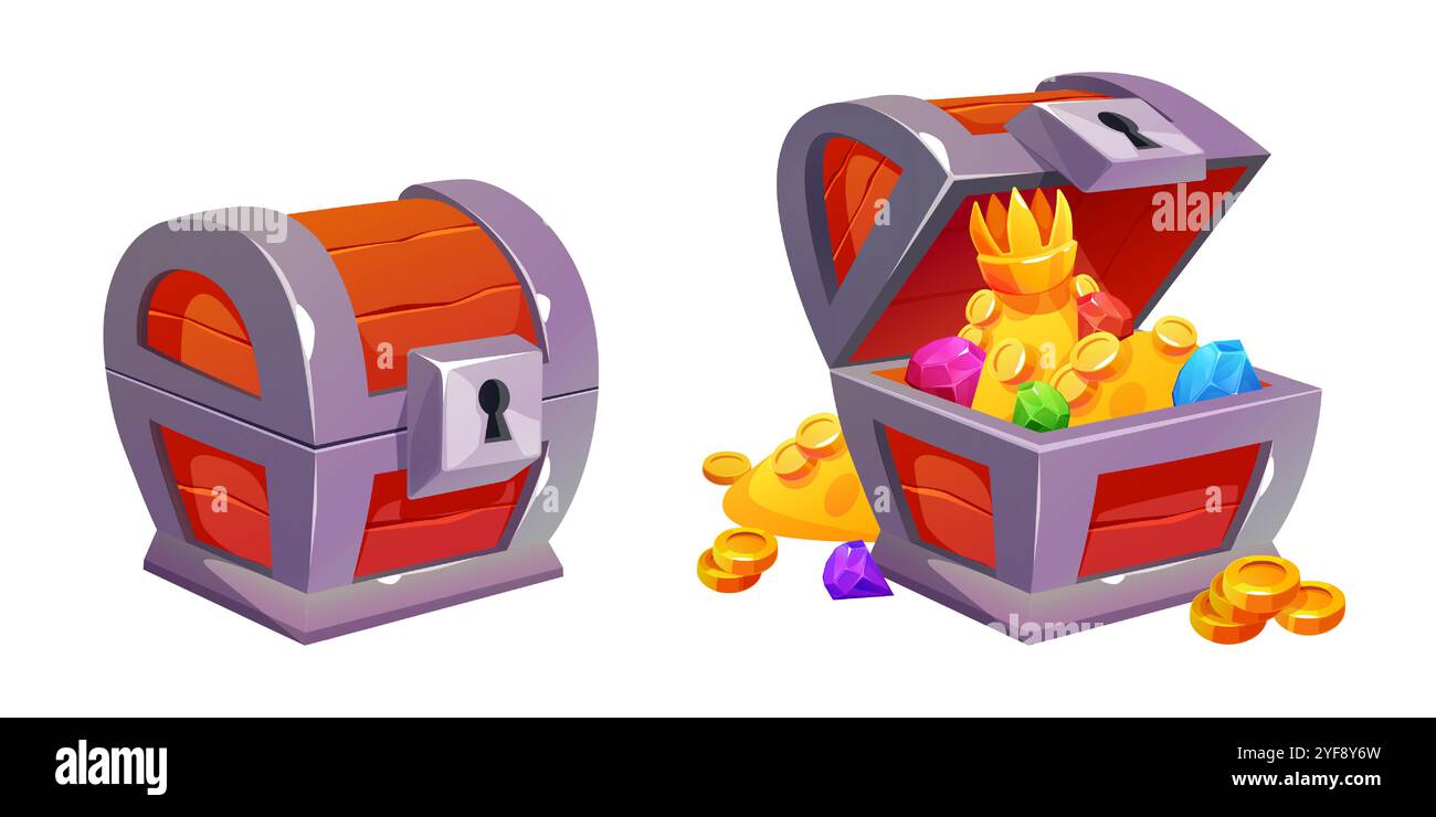 Locked and open wooden chest with metal frame, keyhole and golden ...