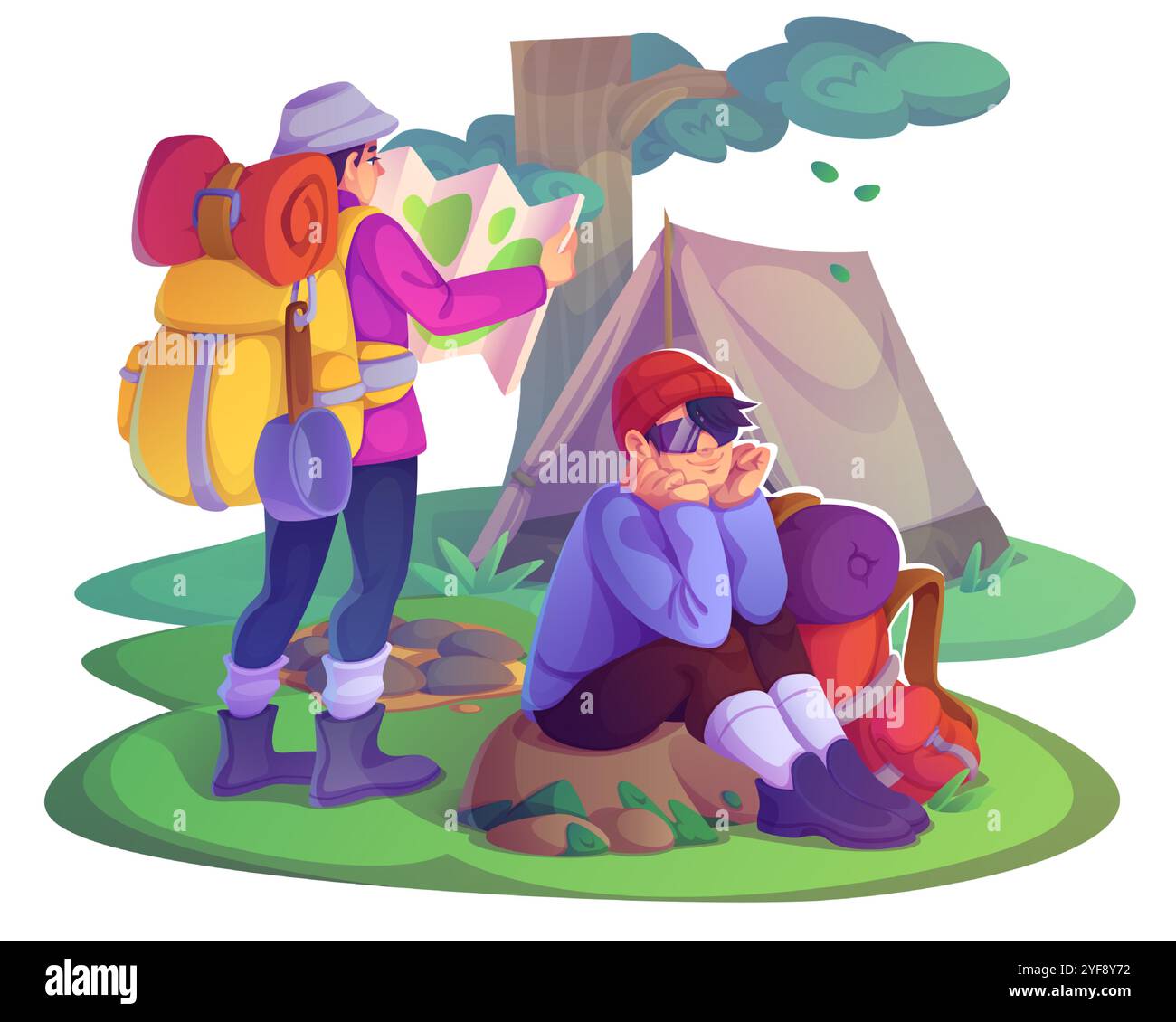 Hiker tourist in travel adventure with camp tent. Man character with ...