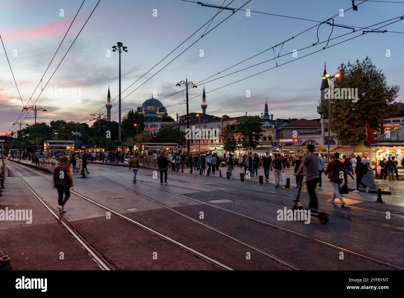 Dusk view of tramway in the Beyazit Square, Istanbul Stock Photo - Alamy