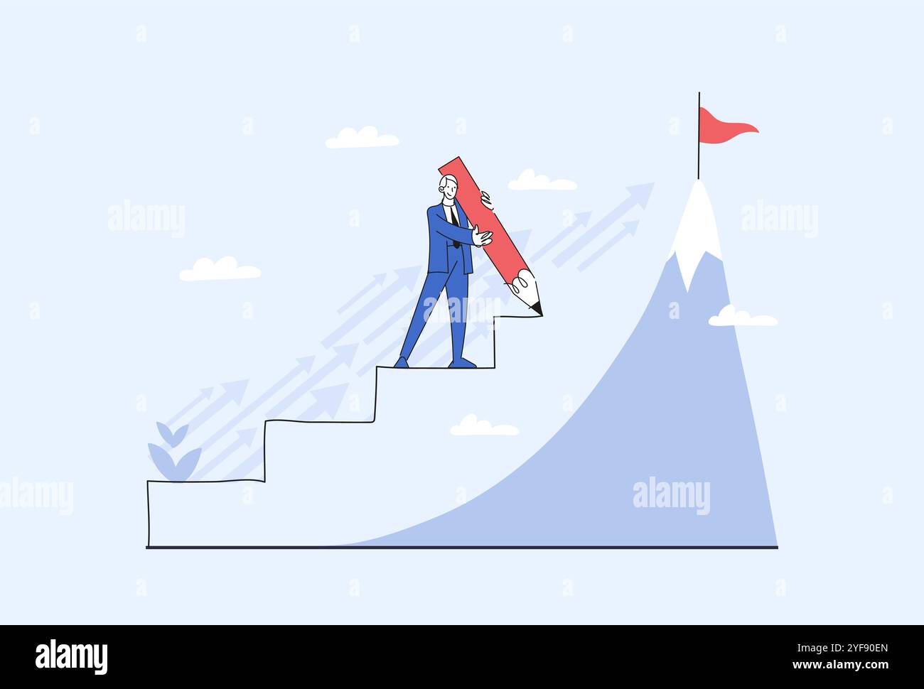 Concept of achieving goal, businessman creates way to mountain top ...