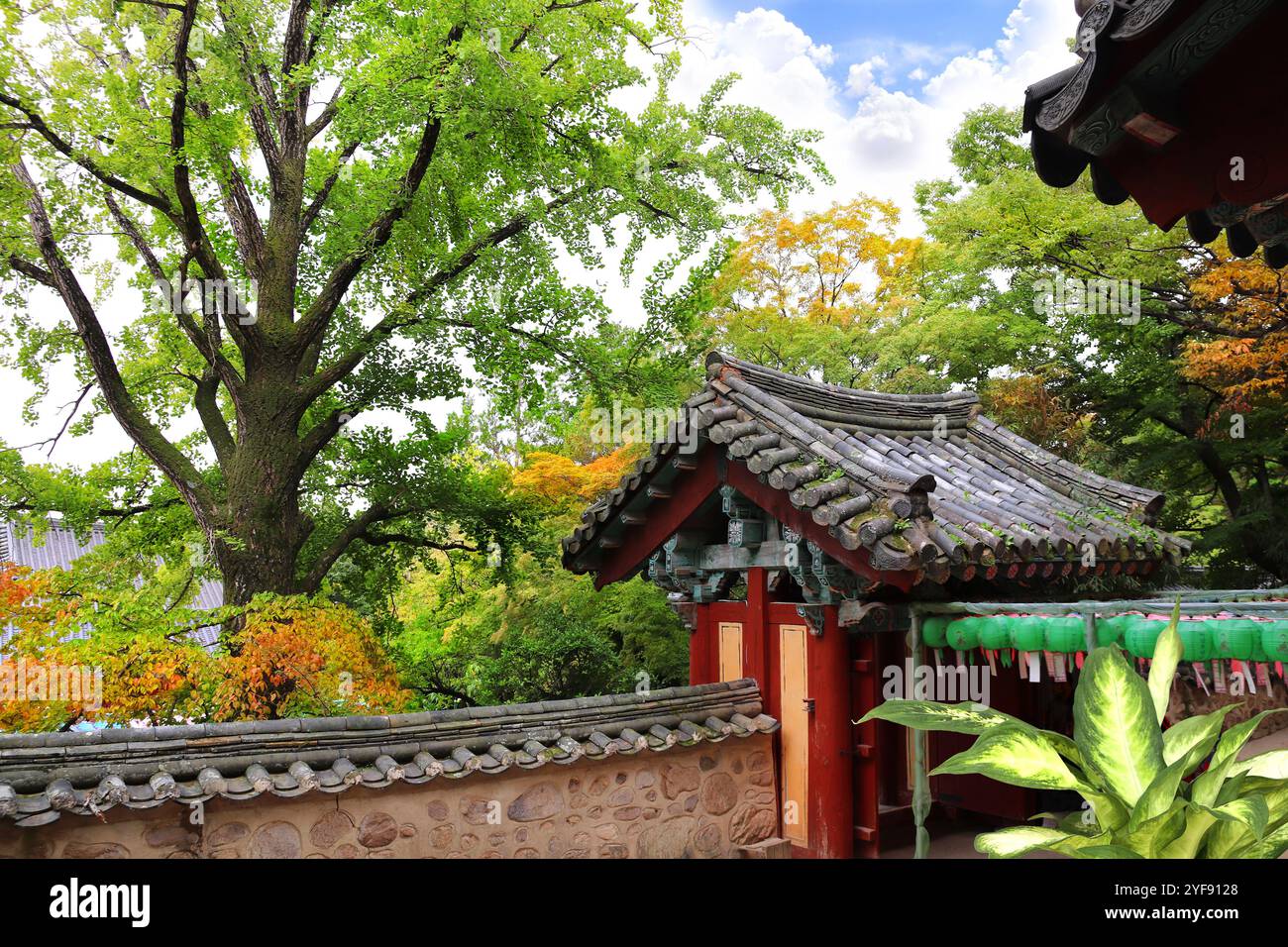 Ancient gate in Bulguksa temple, Gyeongju, South Korea. Landscape with ...