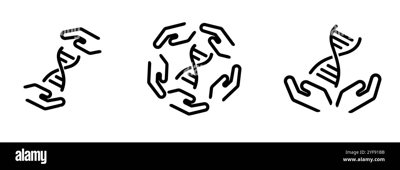 Genetic gene DNA hand take care logo icon set collection line stroke ...