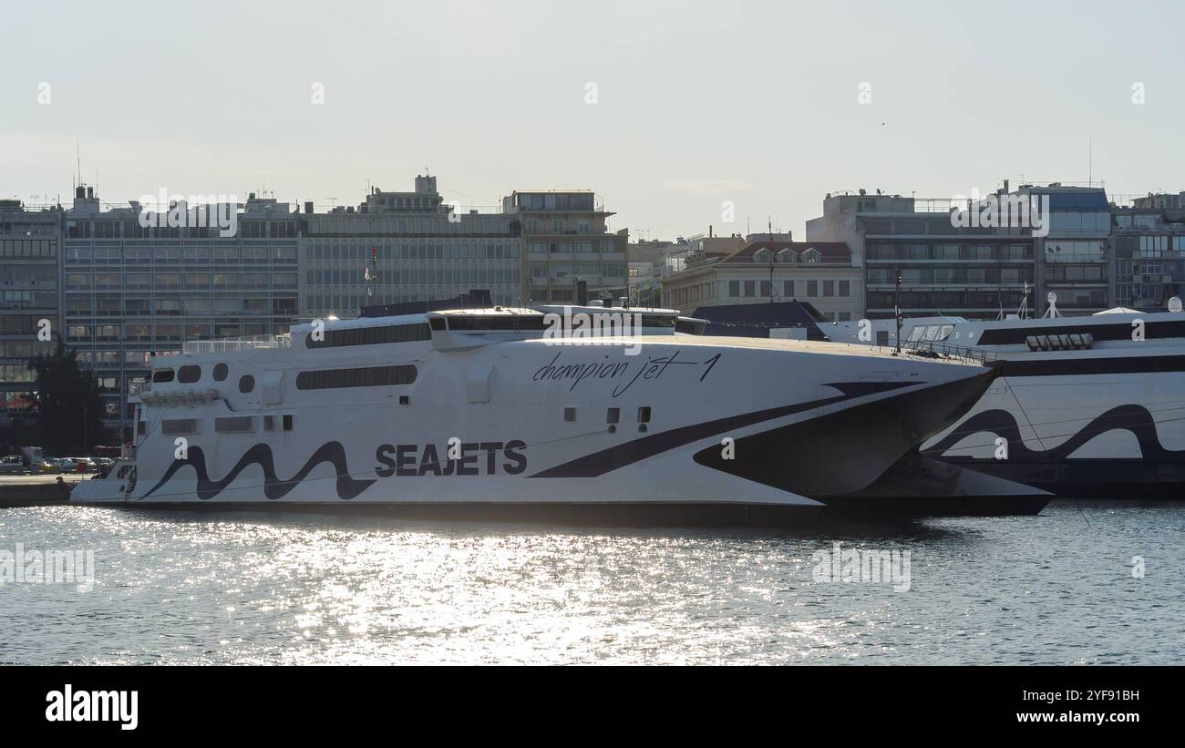 piraeus, greece, 30 oct 2024, catamaran ferry champion jet 1 operated by seajets in the port ...