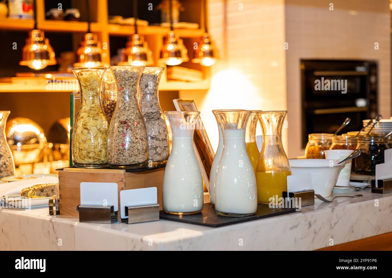 Elegant Breakfast Buffet Spread with Cereals and Fresh Juices Stock ...