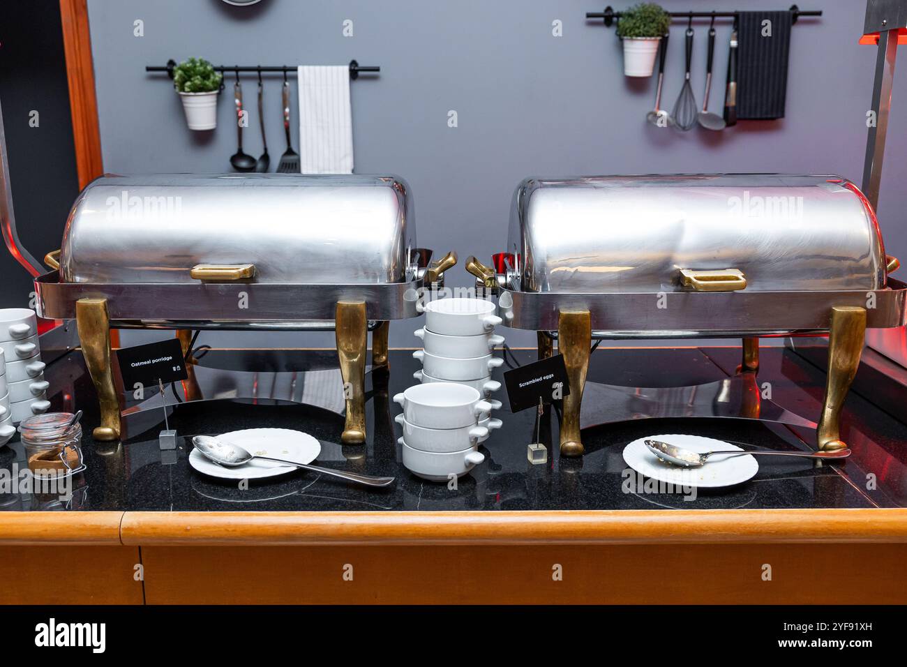 Elegant Hotel Breakfast Buffet Spread with Chafing Dishes and Modern ...