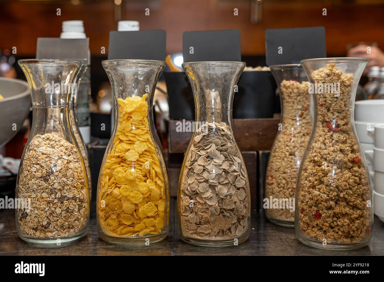 Deluxe Breakfast Buffet Spread with Cereal Choices in Glass Carafes ...