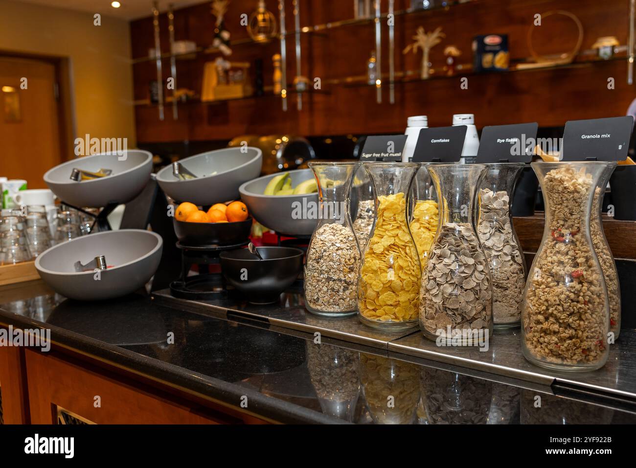 Hotel Breakfast Buffet Display with Fresh Fruits and Cereal Selection ...