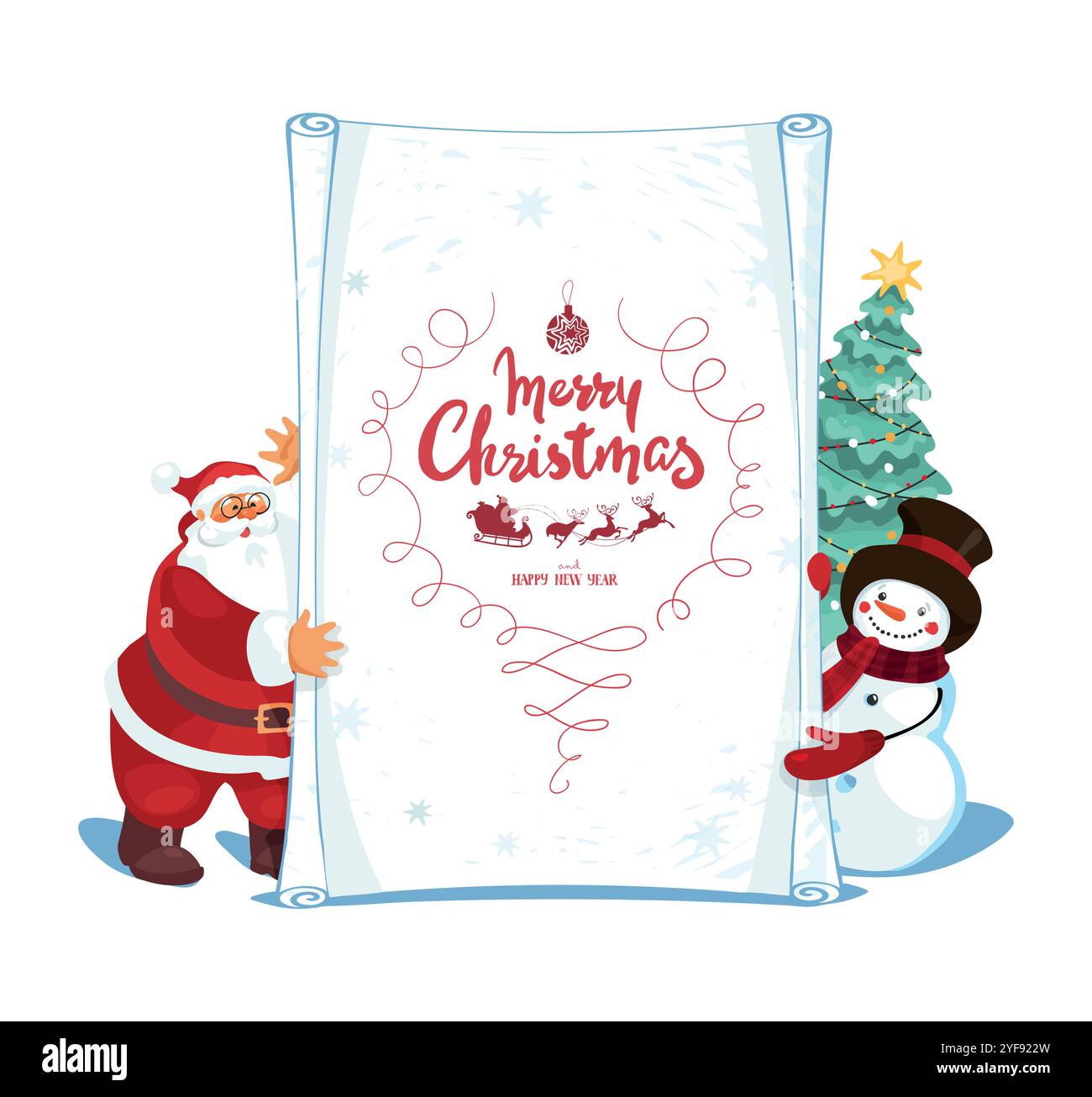 Santa Claus and snowman holding big poster with Christmas greeting ...