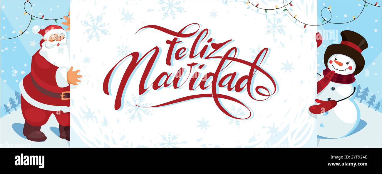 Feliz Navidad. Santa Claus and snowman hold a poster in Spanish ...