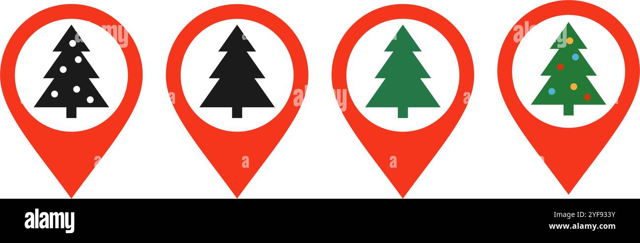 Christmas location icon. Christmas tree and map pin. Xmas market sign ...