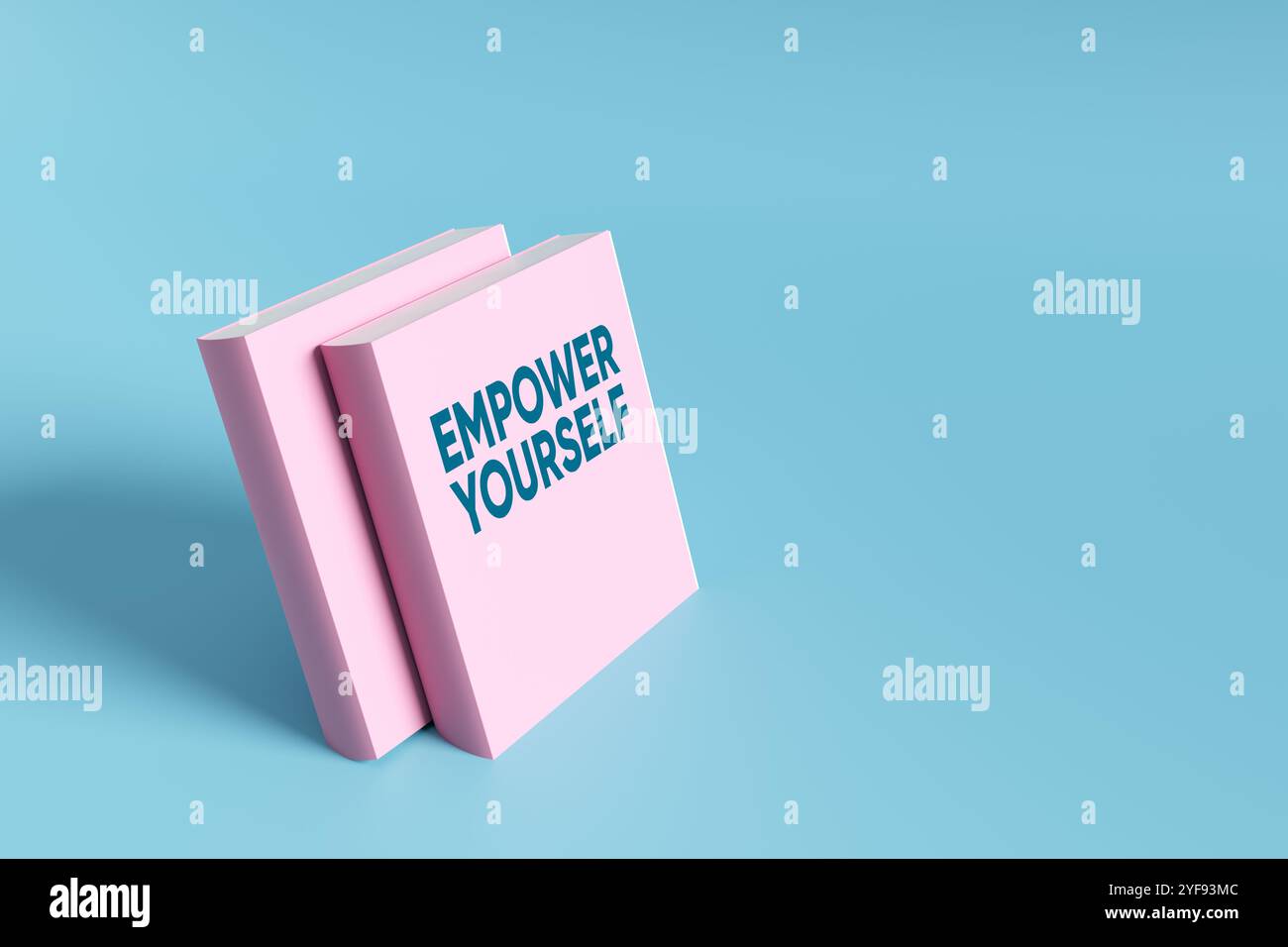 Two pink books with the text empower yourself on a light blue ...